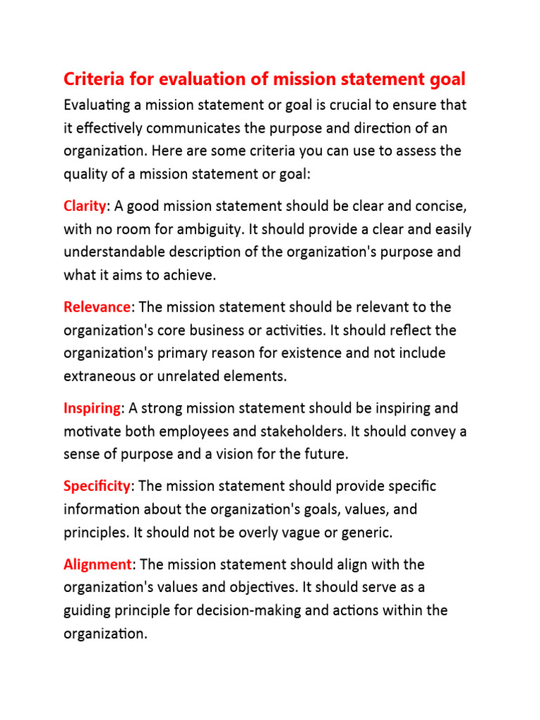 Criteria For Evaluation of Mission Statement Goal | PDF | Goal | Evaluation