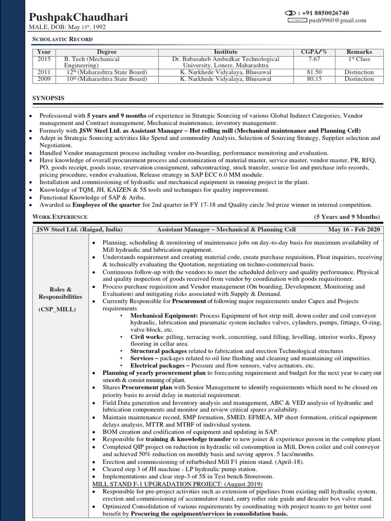 RESUME-Pushpak Chaudhari-Ex-JSW Steel LTD | PDF | Procurement | Valve