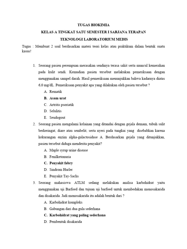Contoh Soal Kasus Biokimia Kelas A | PDF