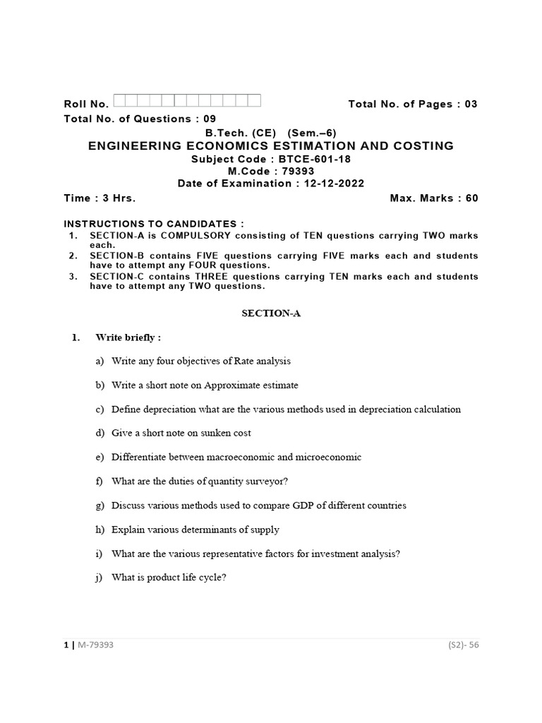 Btech Ce 6 Sem Engineering Economics Estimation and Costing 79393 Dec 2022 | PDF | Economics ...
