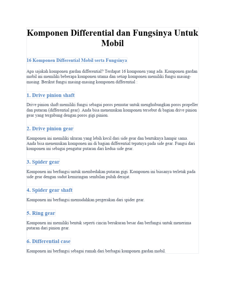 Komponen Differential Dan Fungsinya Untuk Mobil | PDF