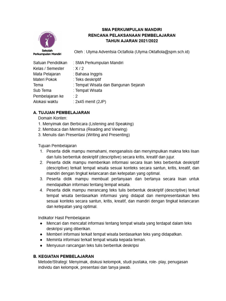 RPP Bahasa Inggris Kelas X: Teks Deskriptif Wisata | PDF