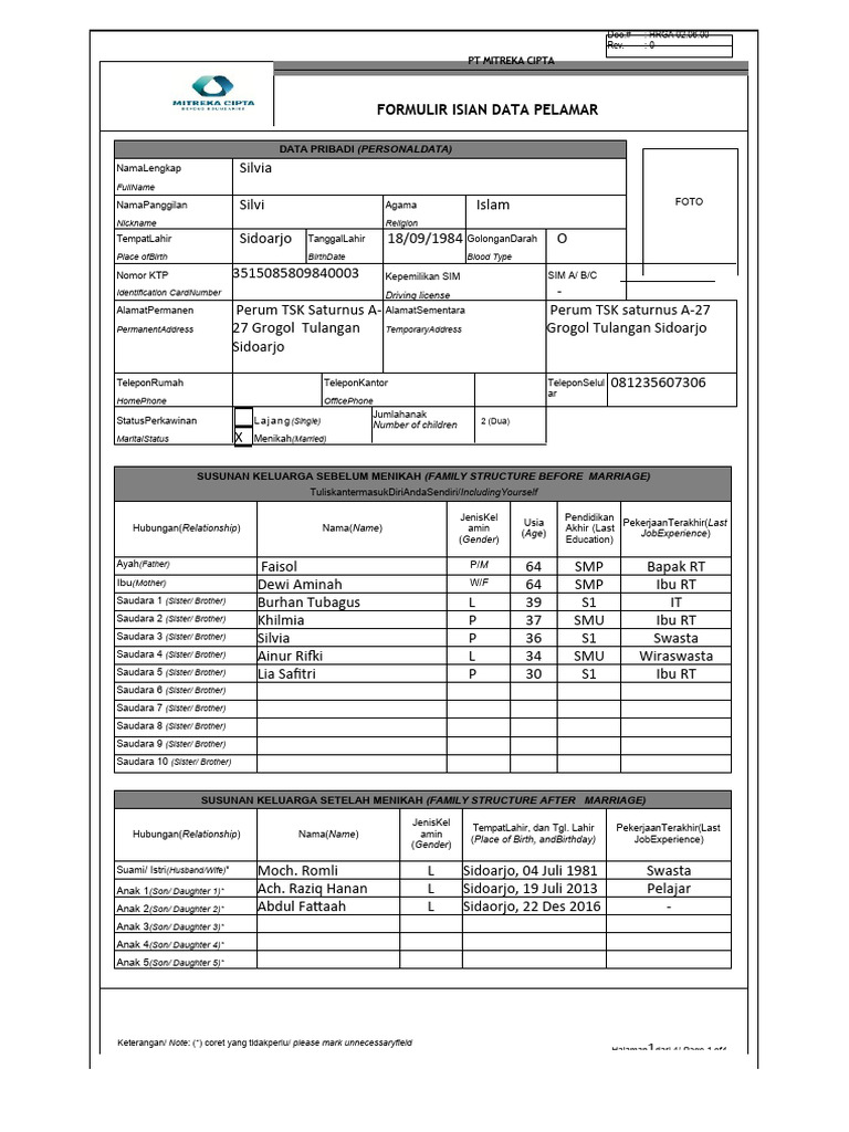 Formulir Data Pelamar Kerja Silvia | PDF