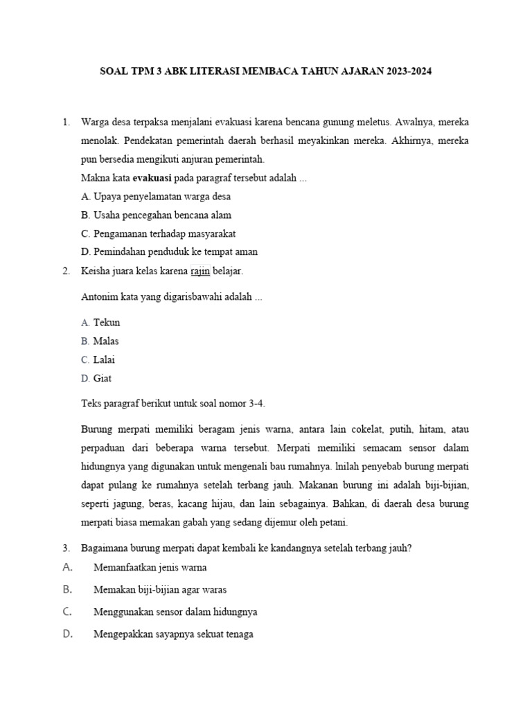 Soal TPM 3 Abk Membaca 2024 | PDF | Perjalanan