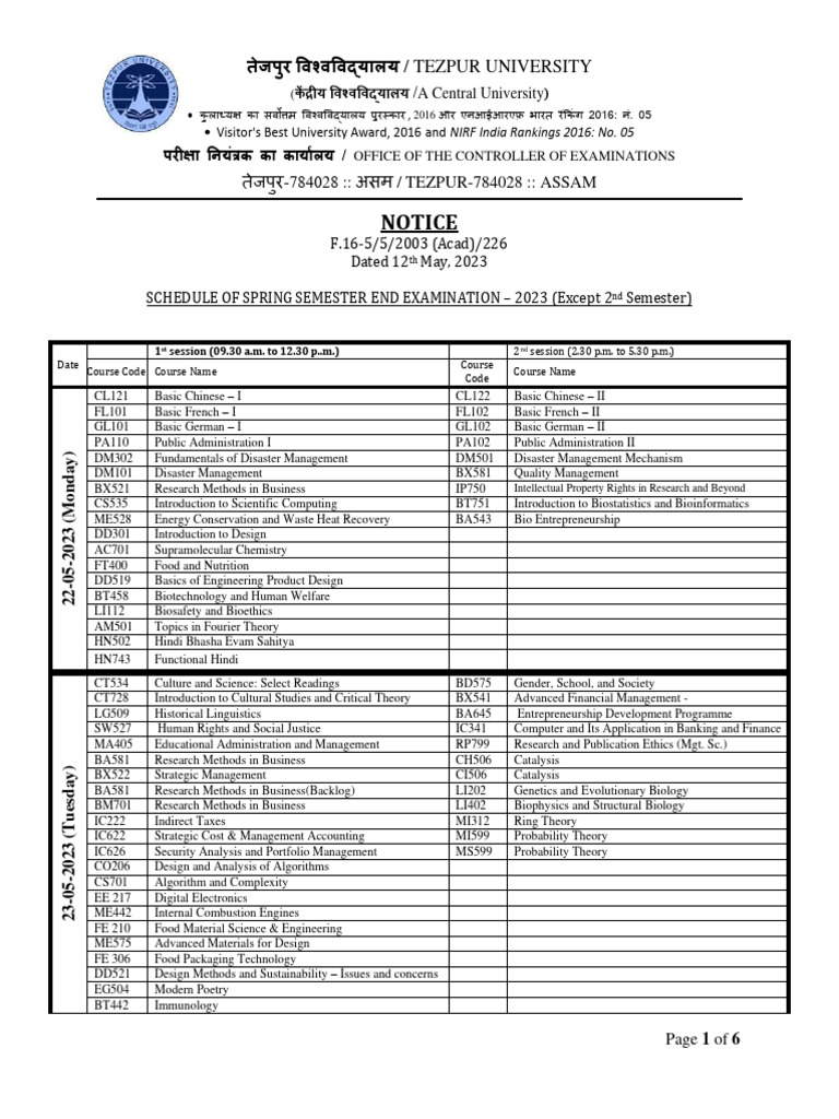 EndSem Conti Schedule Spring2023 | PDF | Engineering | Science
