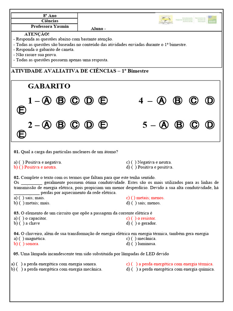 Atividade Avaliativa de Ciências 8º ano REC | PDF