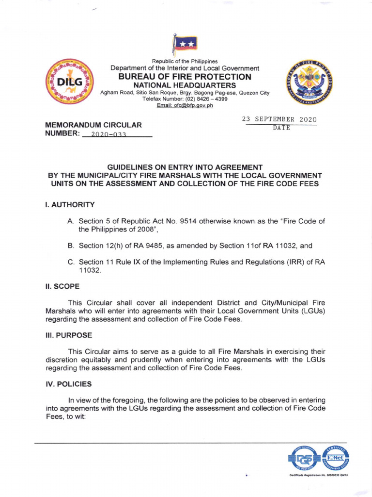 BFP MC 2020 033 Guidelines On Entry Into Agreement by The Municipalitycity Fire Marshals With T ...