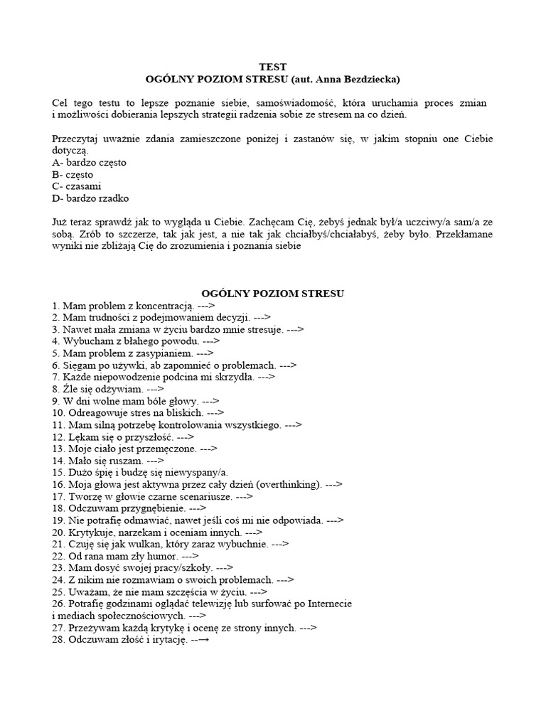 Test Na Ogolny Poziom Stresu | PDF