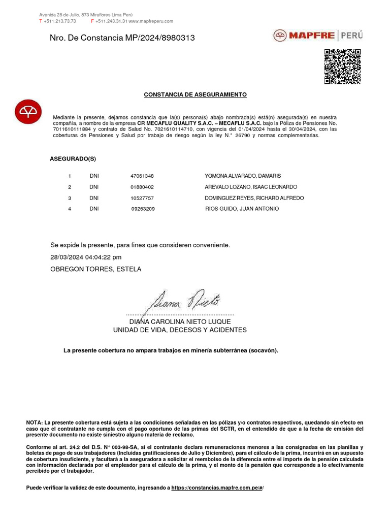 Mecaflu - Constancia SCTR Abril 2024 | PDF | Póliza de seguros ...