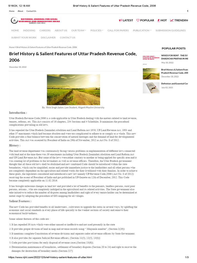 Brief History & Salient Features of Uttar Pradesh Revenue Code, 2006 | PDF | Constitution | Lease