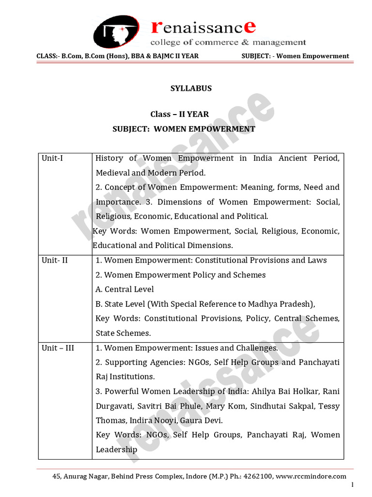 Syllabus Class - II YEAR Subject: Women Empowerment | PDF | Empowerment ...