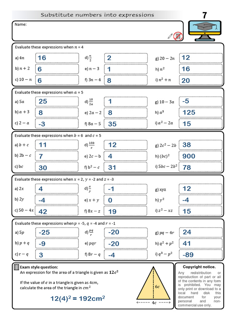Answers - Substitute Numbers Into Expressions | PDF | Copyright Law ...