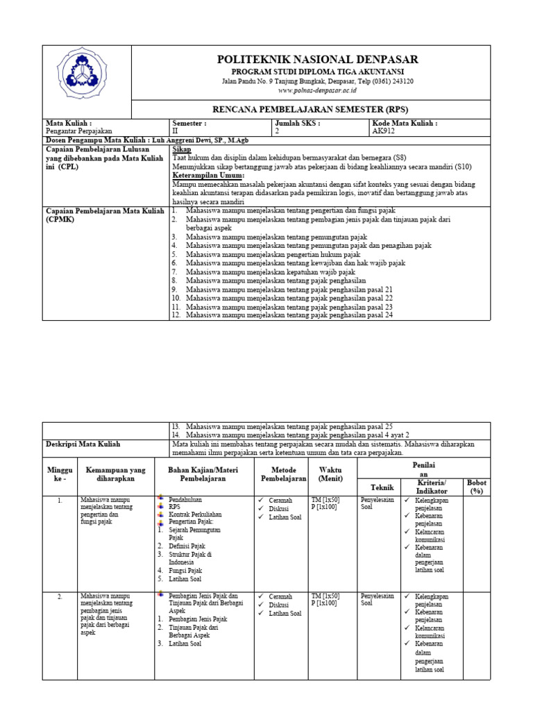 RPS Pengantar Perpajakan Polnas | PDF