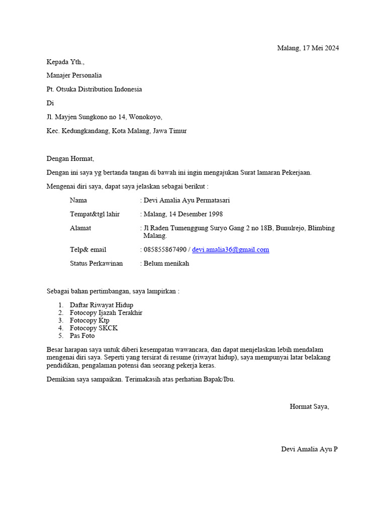 Lamaran Kerja Devi | PDF