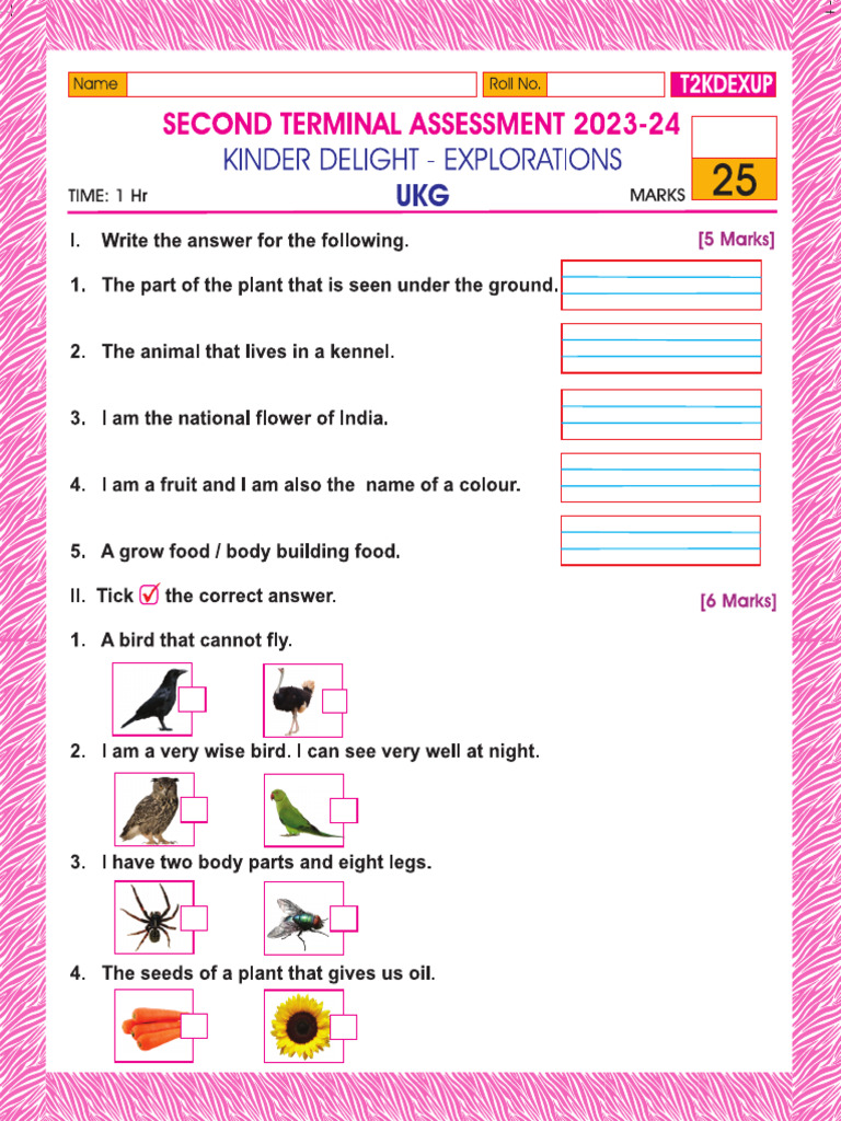 KINDER DELIGHT Question Paper UKG Second Terminal 2023-24 | PDF