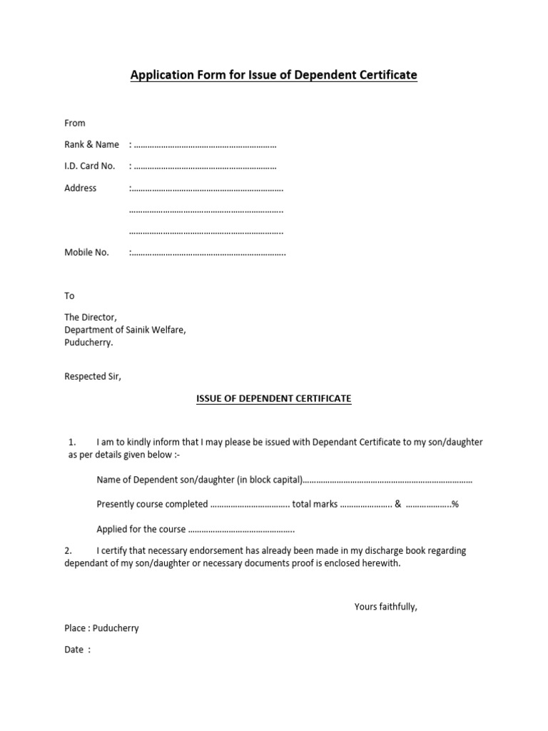 Application For Issue of Dependent Certificate | PDF | Career & Growth