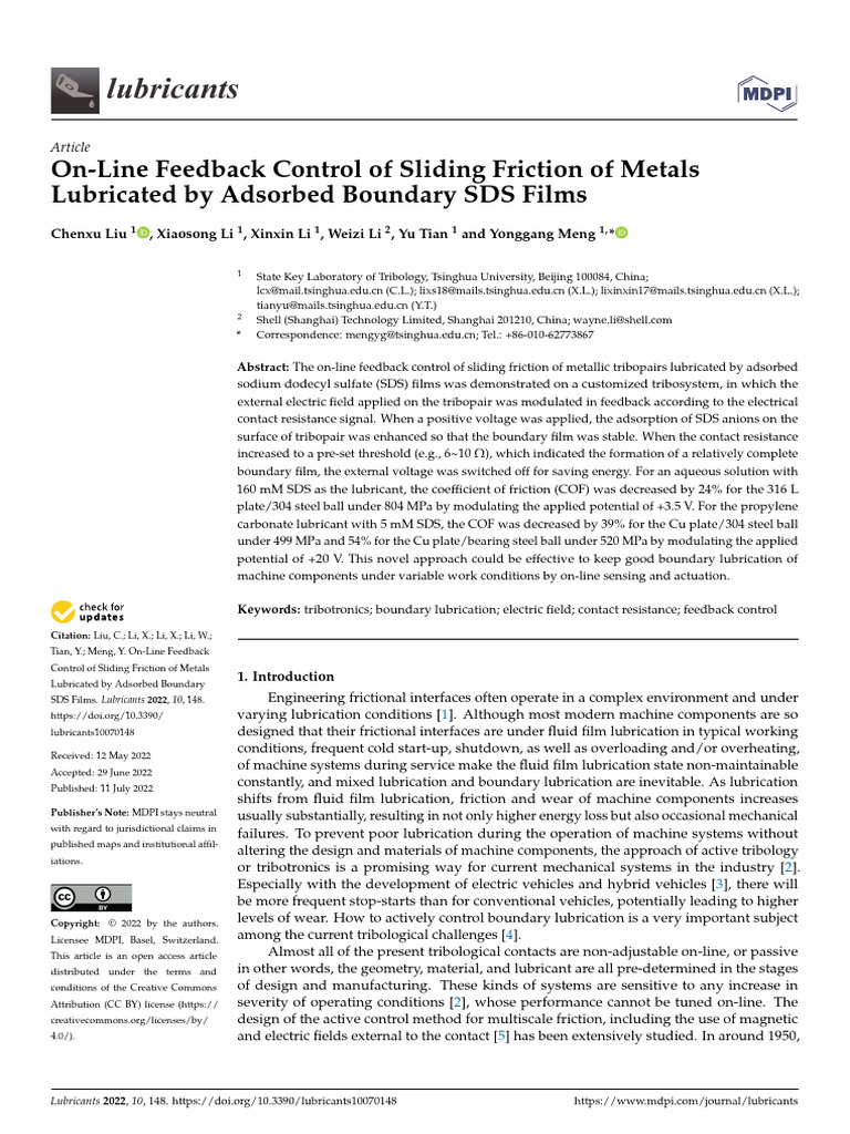 On-Line Feedback Control of Sliding Friction of Metal Lubricated by Adsorbed Boundary SDS Films ...