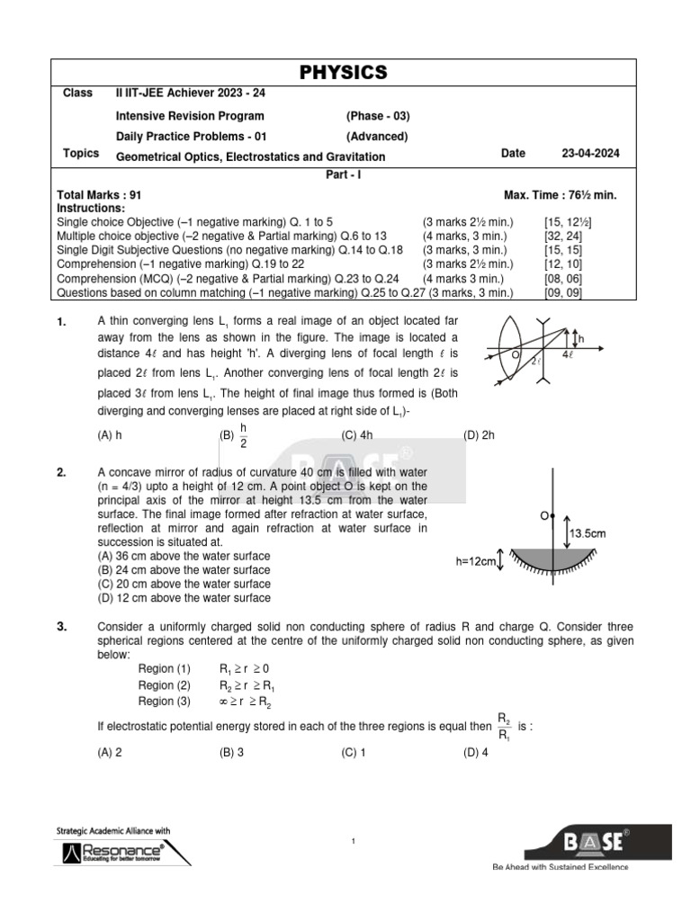 DPP - 01 (Geometrical Optics, Electrostatics, Gravitation) | PDF | Force | Optics