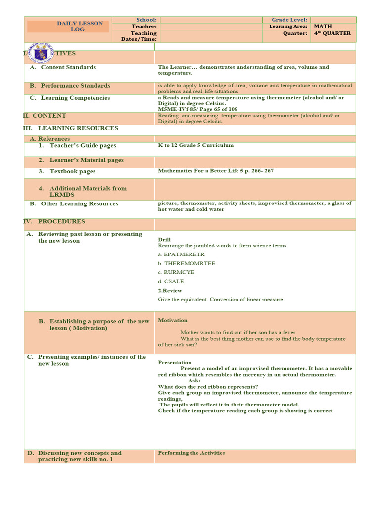 Math5 COT - Reading and Measuring Temperature Using Thermometer | PDF | Thermometer | Temperature