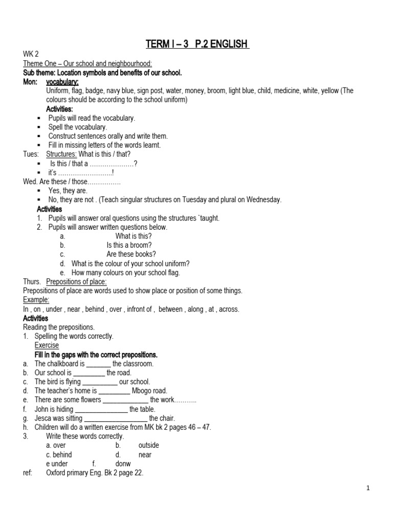 P.2 English Lesson Notes Term I 3 Location | PDF | Plural | English ...