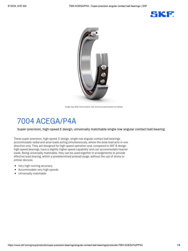 7004 ACEGA - P4A - Super-Precision Angular Contact Ball Bearings - SKF | PDF | Bearing ...