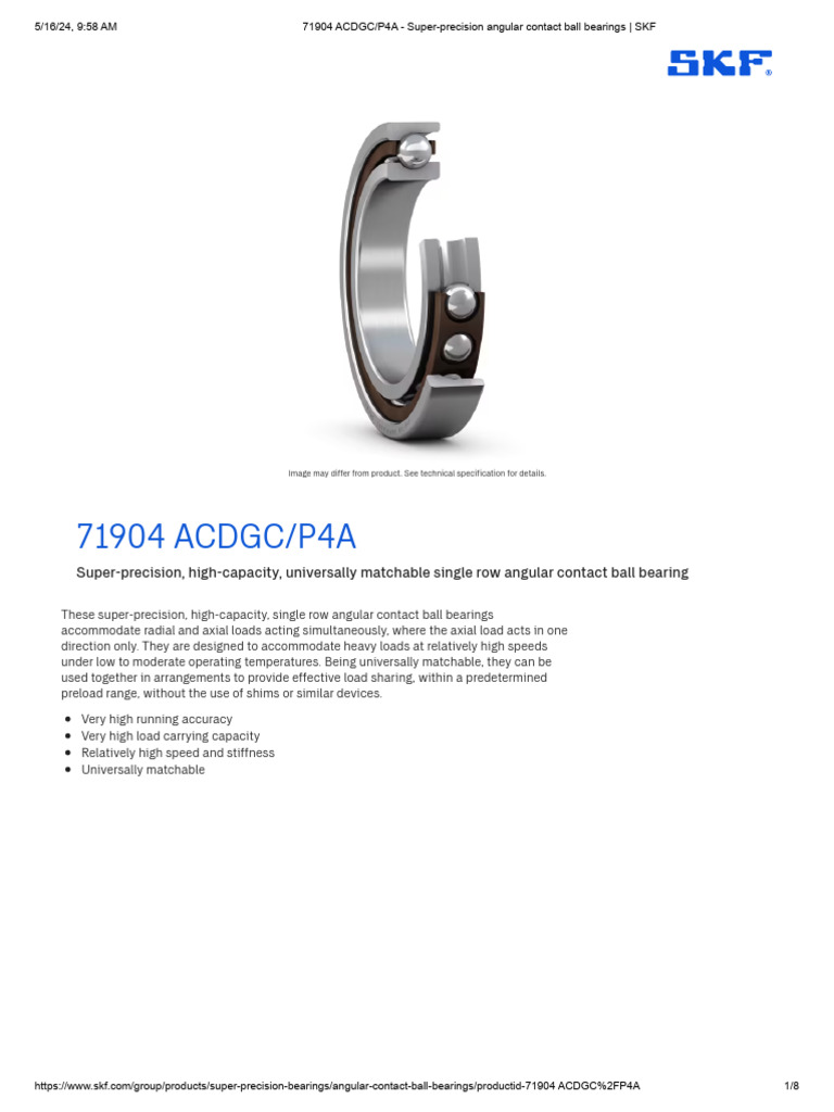 ACDGC - P4A - Super-Precision Angular Contact Ball Bearings - SKF | PDF | Bearing (Mechanical ...
