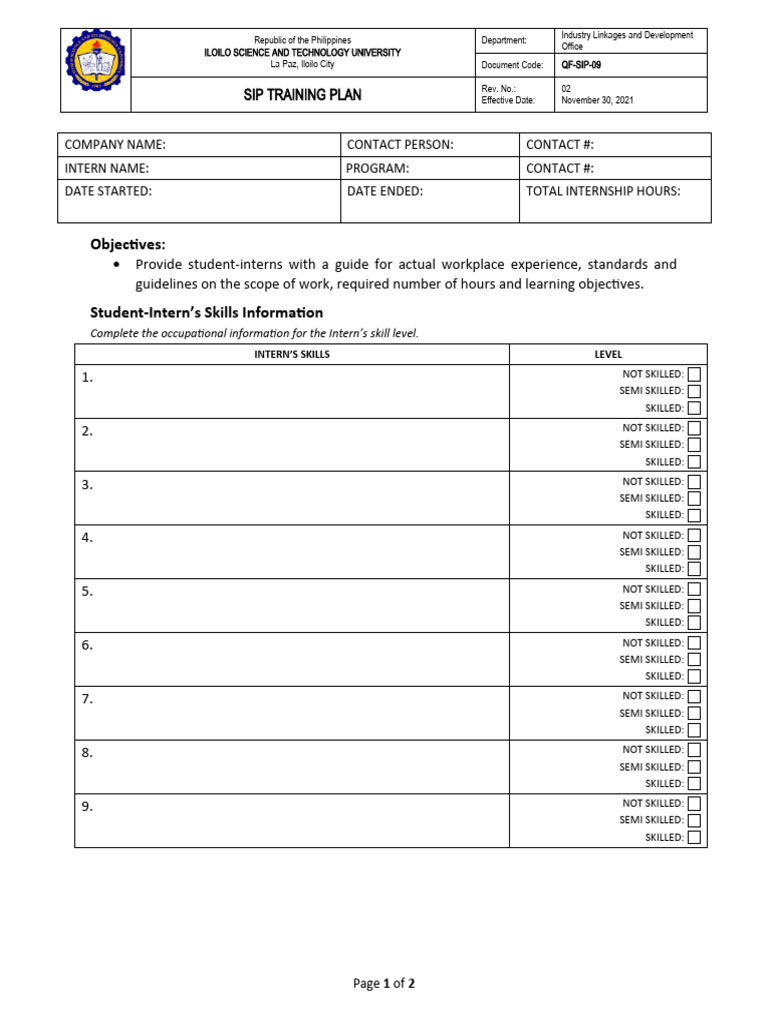 QF-SIP-09 SIP Training Plan 11112021 | PDF | Internship | Job Hunting