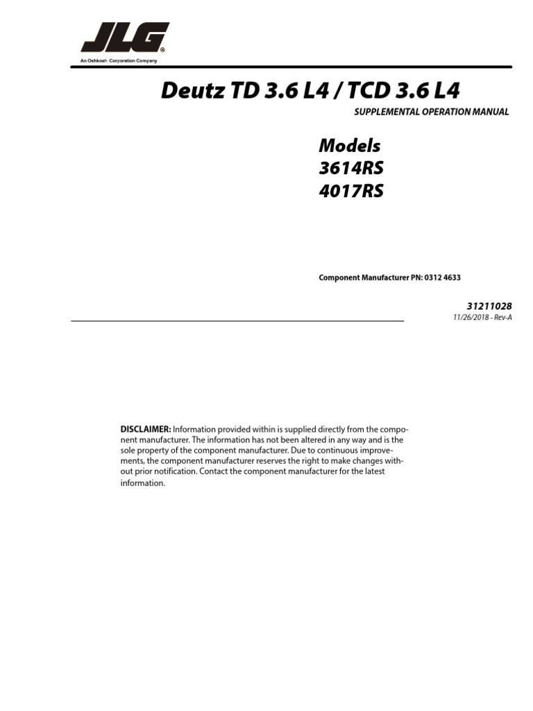 A - Engine TD3.6L4 T4f - Deutz - Supplement - English | PDF | Engines | Oil