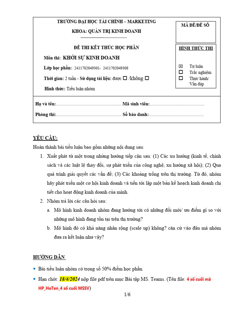 DeThi KhoiSuKinhDoanh HK1 2024 TranVinhHoang Tichhop | PDF