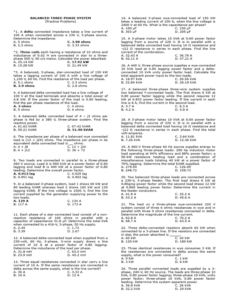 Balance Three Phase Practice Problems | PDF | Electrical Impedance | Electronics