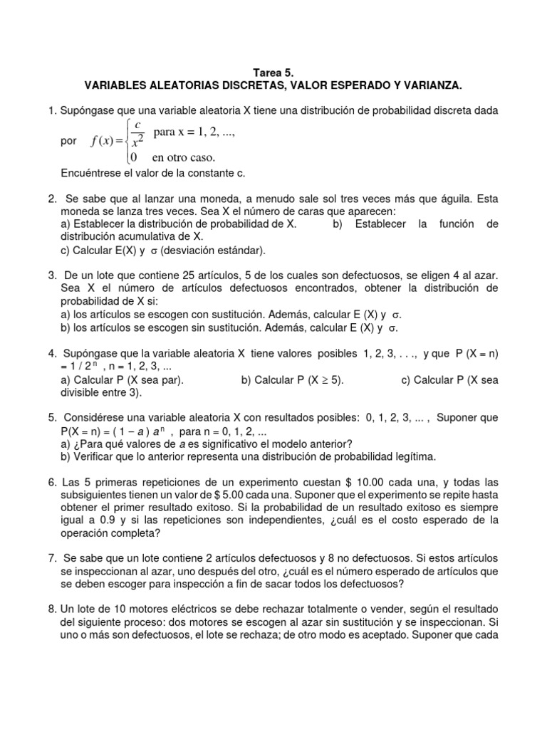 Tarea 4 VARIABLES ALEATORIAS DISCRETAS, VALOR ESPERADO Y VARIANZA | PDF | Variable aleatoria ...