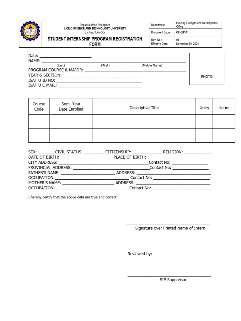 Student Internship Program Registration Form | PDF | Government And ...