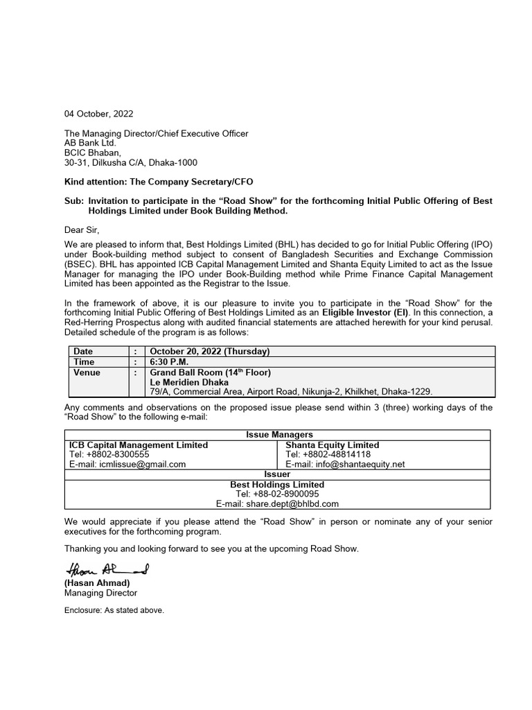 Best Holdings IPO Road Show Invitation | PDF | Initial Public Offering ...