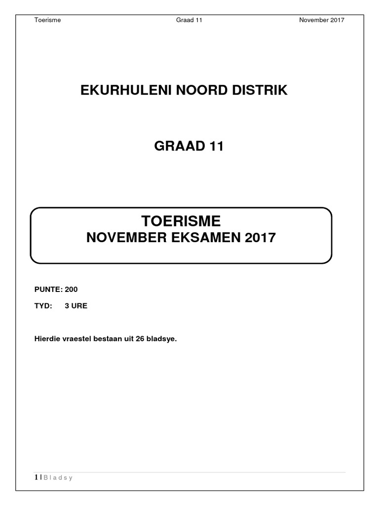 Nov 2017 Toerisme GR 11 Afrikaans DR Roux | PDF
