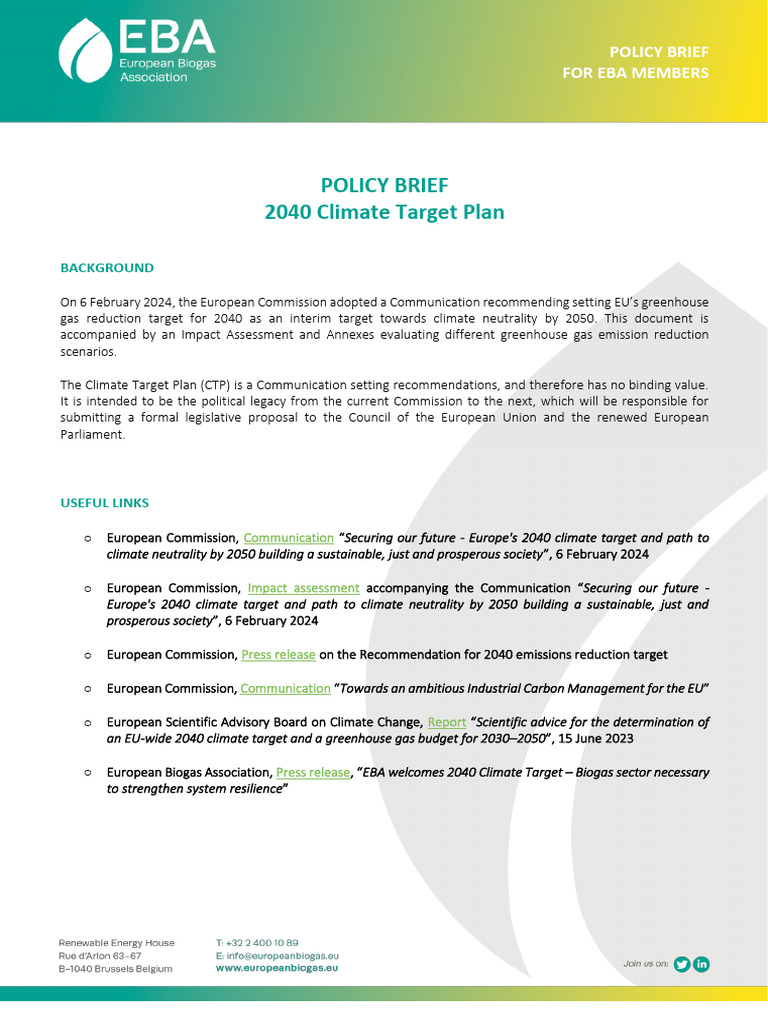 EBA Policy Brief - 2040 Climate Target Plan FINAL | Download Free PDF ...