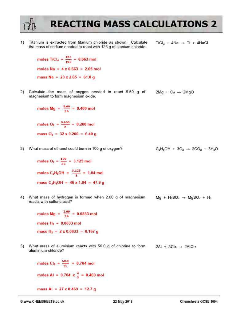 Reacting Mass Calculations Guide | PDF | Magnesium | Ethanol