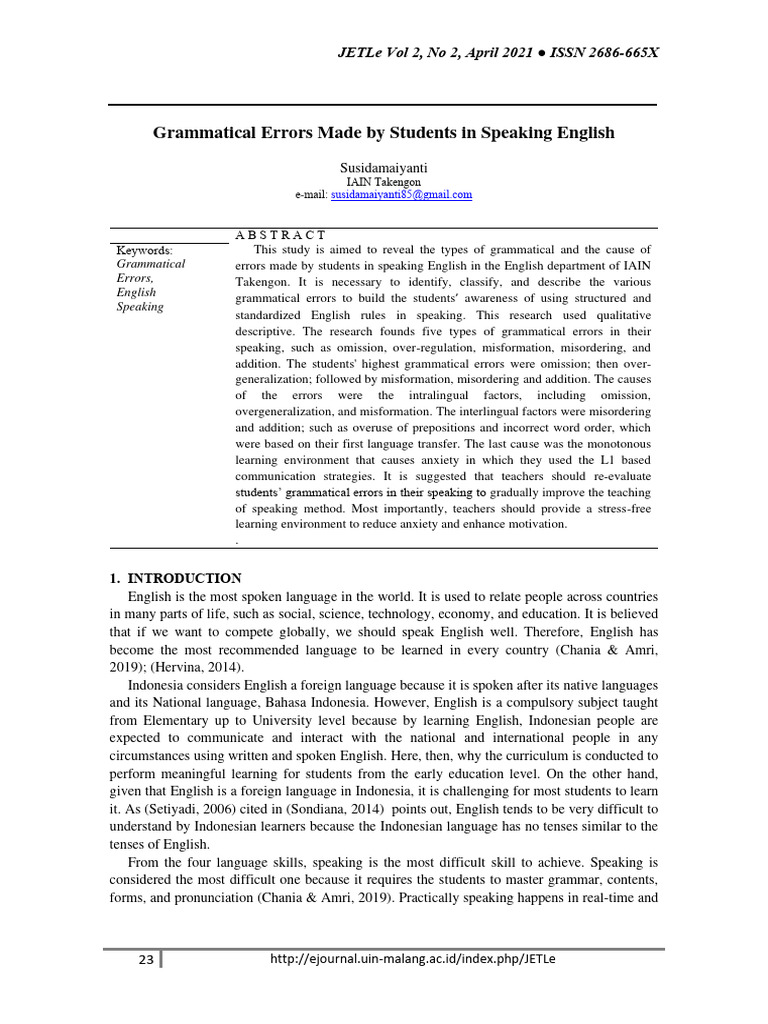 Grammatical Errors Made by Students in Speaking en | PDF | English Grammar | Verb