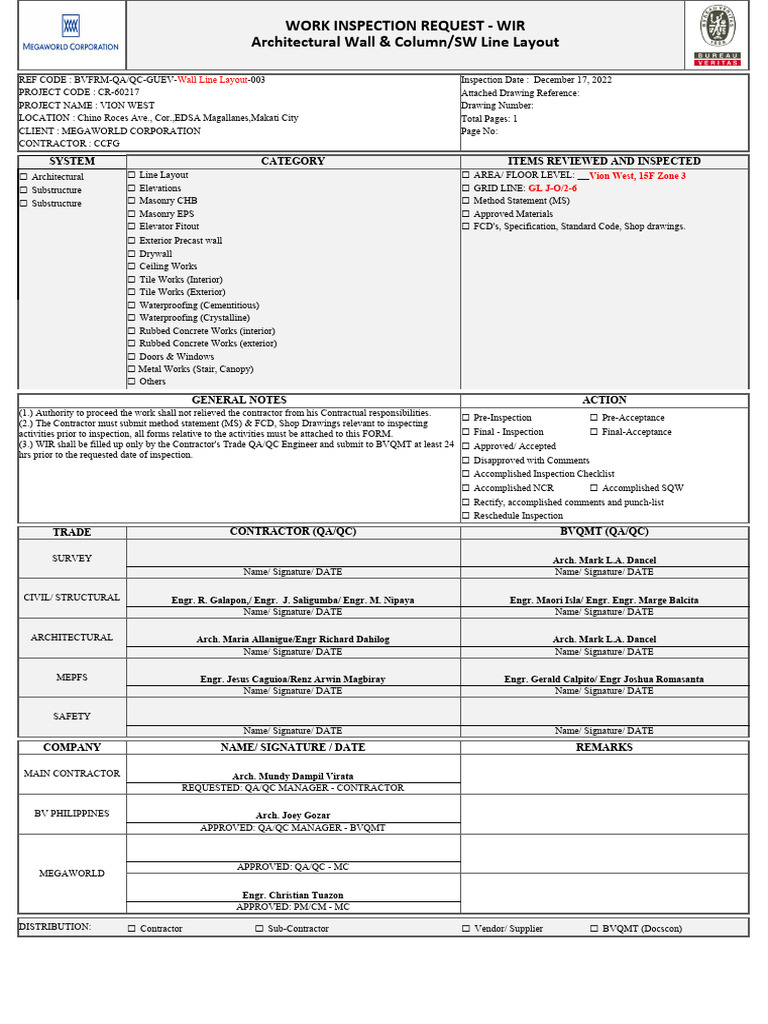 Vion West Wall Line Inspection Report | PDF | Architectural Elements ...