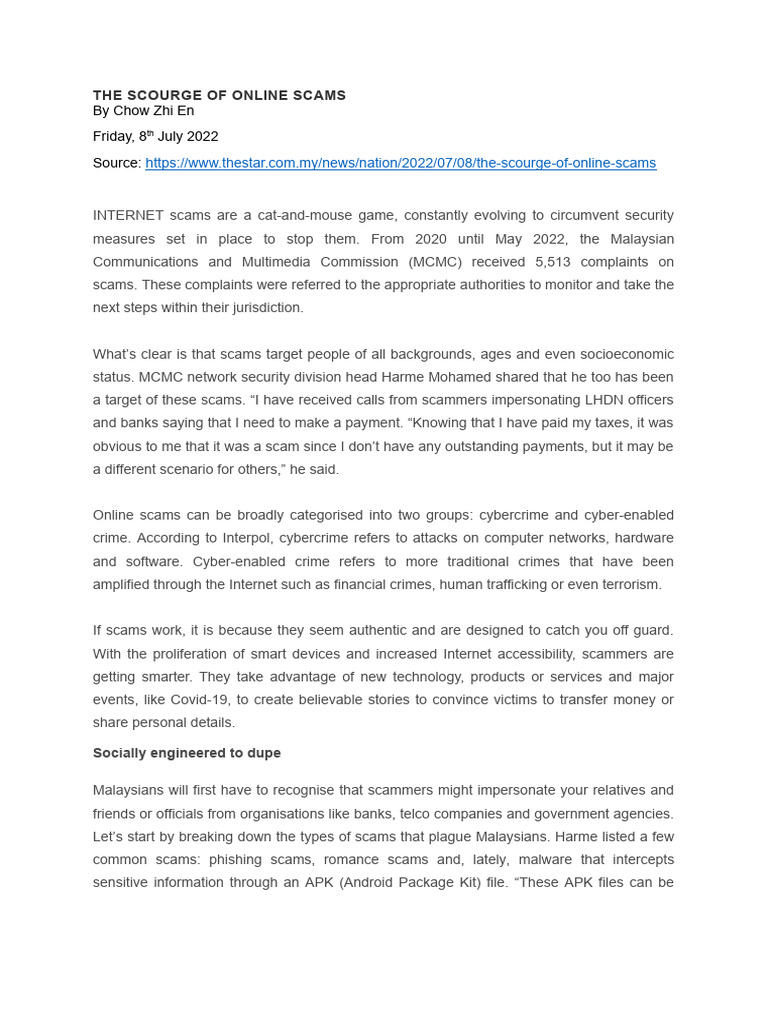 The Scourge of Online Scams (News Article) (Answered) | PDF | Internet ...