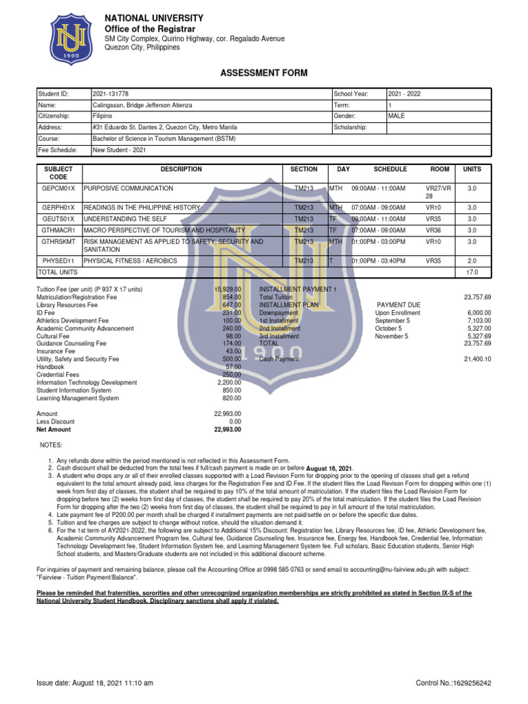 AssessmentForm 2021 131778 | PDF | Fee | Payments
