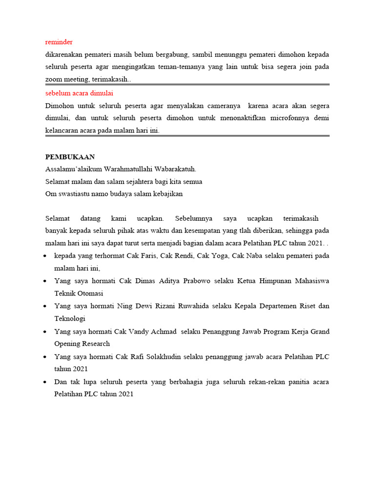 Teks MC Pelatihan PLC | PDF