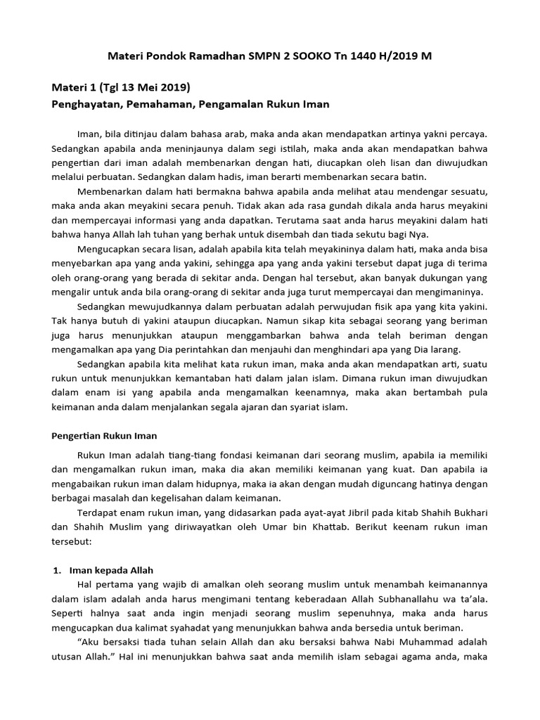 Materi Pondok Ramadhan SMPN 2 SOOKO TN 1440 H | PDF