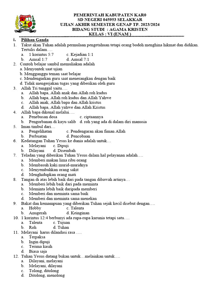 Soal Pas GENAP Agama Keristen 6 | PDF | Olahraga & Rekreasi | Kajian Bahasa Asing