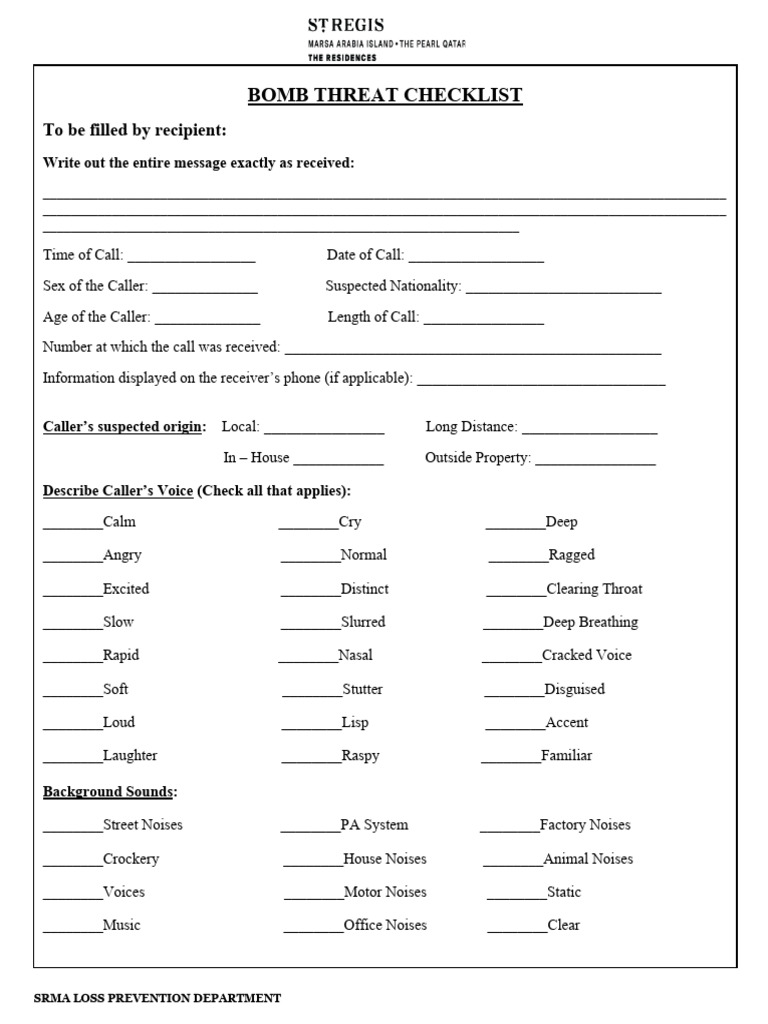 BOMB THREAT CHECKLIST | PDF