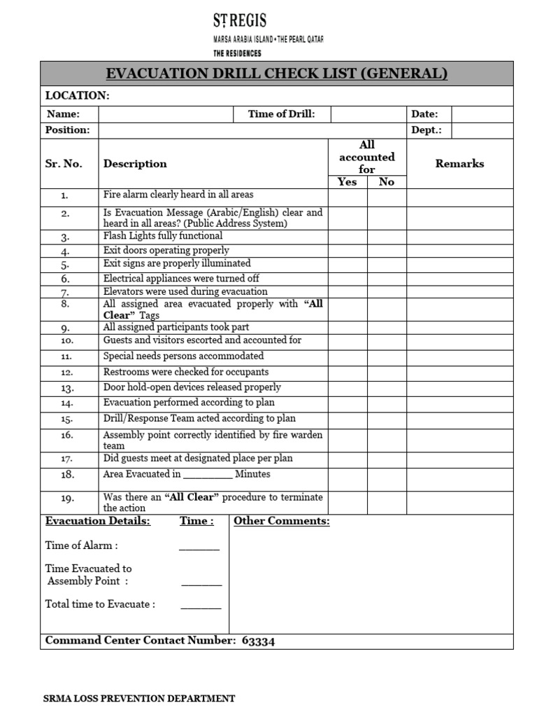 Evacuation Checklist For Locations | PDF