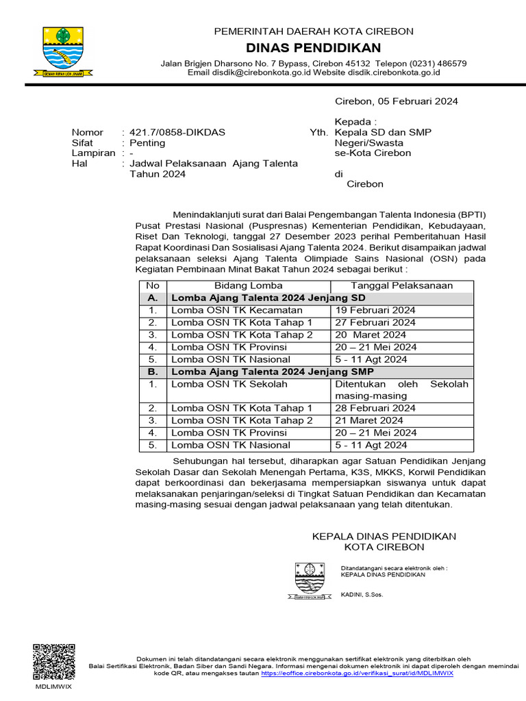 0858-Jadwal Pelaksanaan Ajang Talenta OSN 2024 | PDF