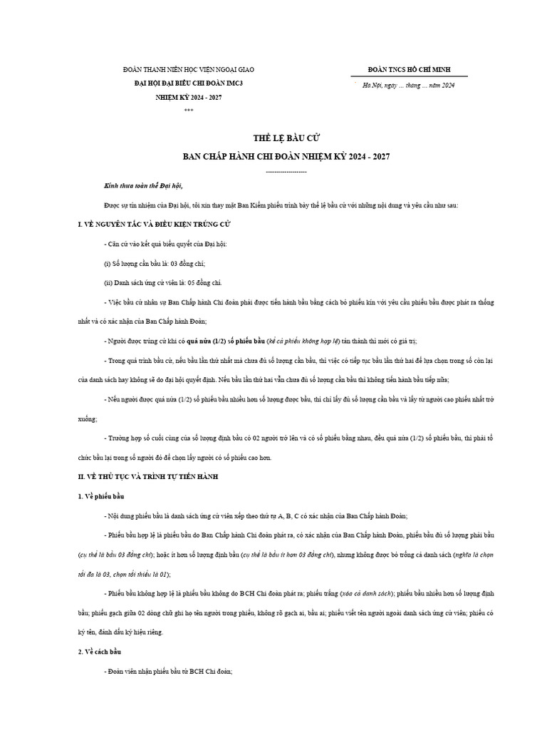 IMC3 - Thể Lệ Bầu Cử BCH Chi Đoàn | PDF
