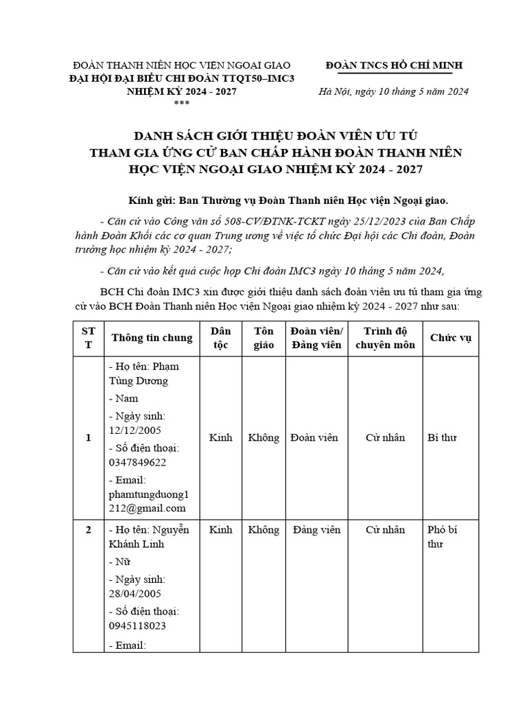 IMC3 - Danh Sách Giới Thiệu 2024-2027 | PDF