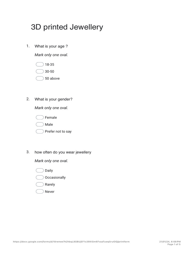 3D Printed Jewellery Questionnaire | PDF | Jewellery