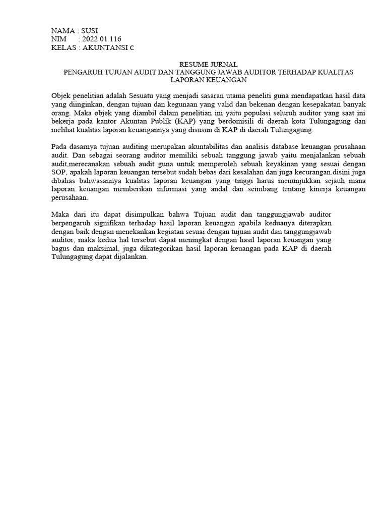 Resume+jurnal - Auditing 1 (Susi) | PDF | Karier & Perkembangan | Bisnis